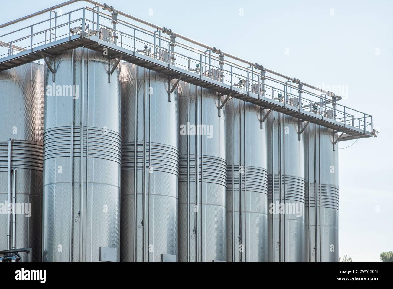 Close up of stainless vertical steel storage tanks for wine ...