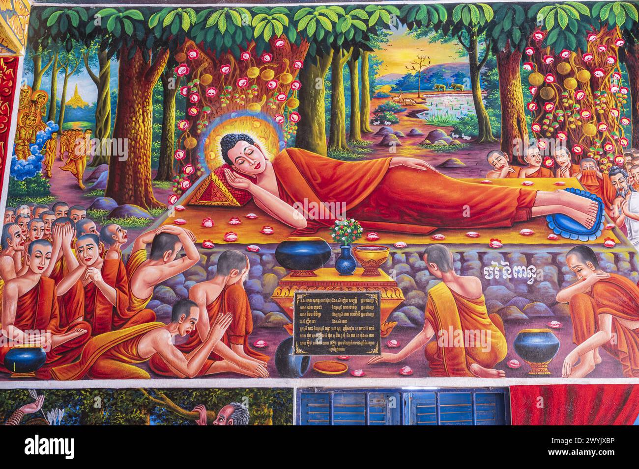 Cambodia, Kampong Chhnang province, Kampong Leng, Kiri Raksmey pagoda, paintings of Buddha's ...