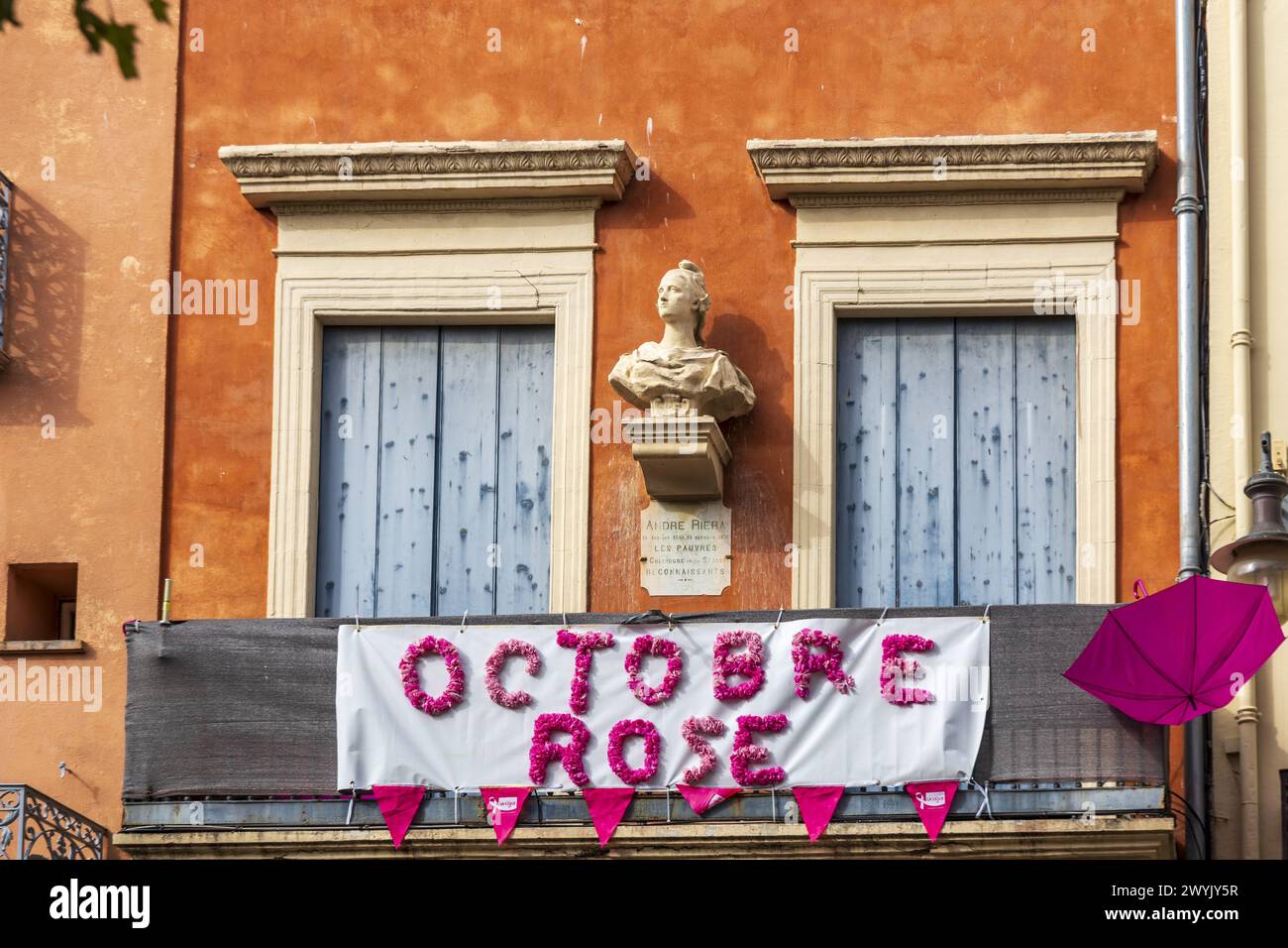 France, Pyrénées-Orientales, Côte Vermeille, Collioure, banners on a ...