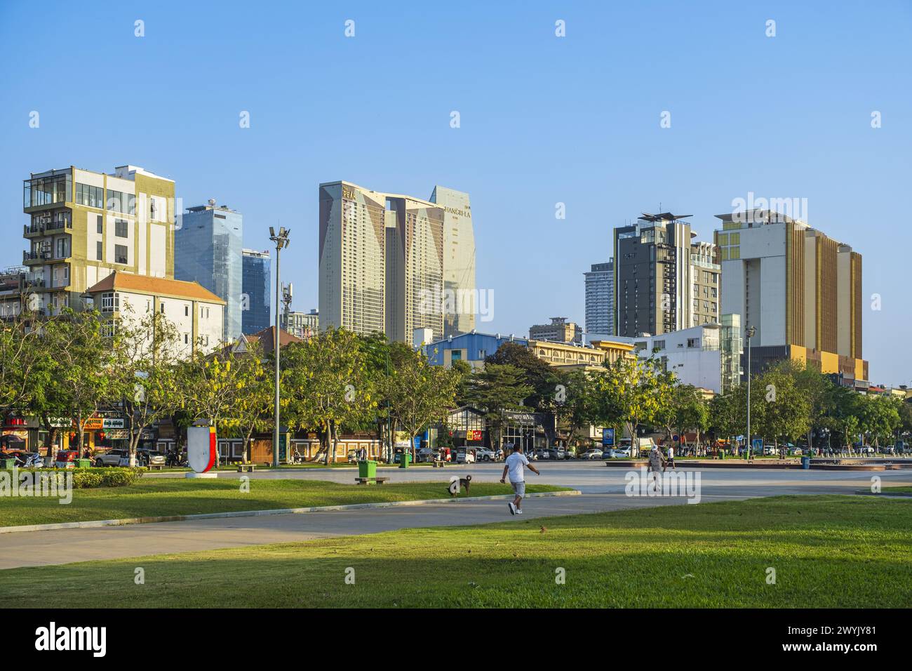 Cambodia, Phnom Penh, Wat Botum Park and the towers of Chamkar Mon ...