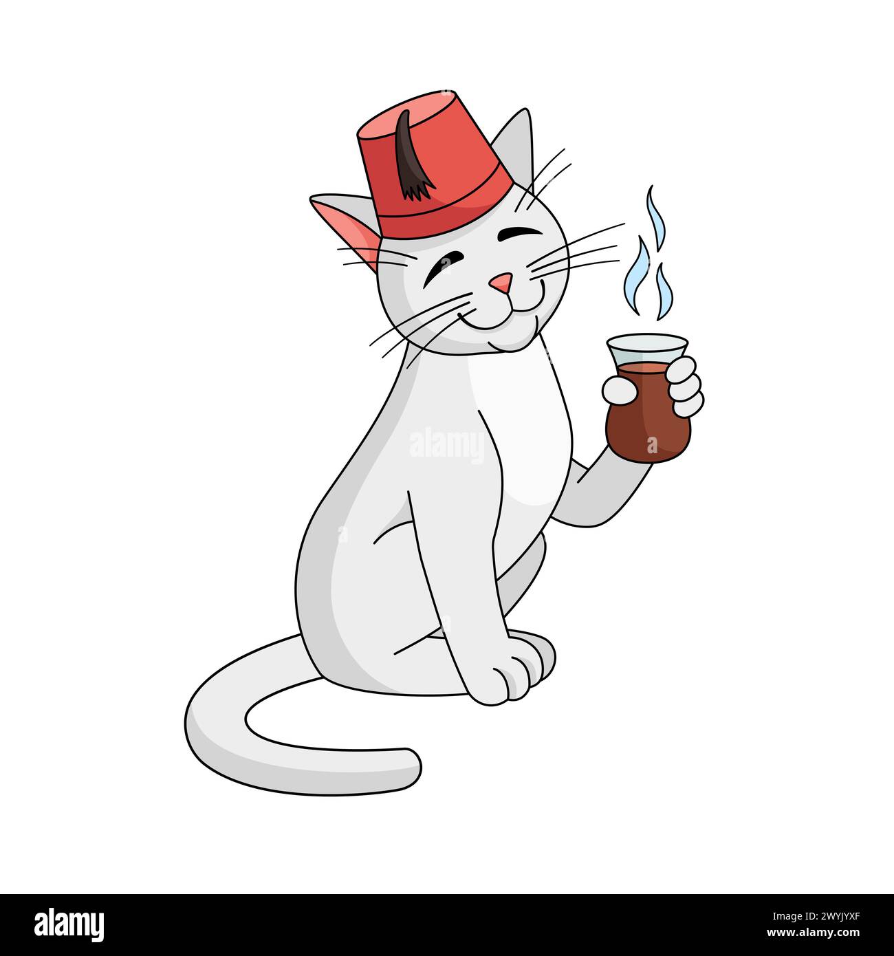 Turkish angora cat character with Turkish cup of tea. Vector ...