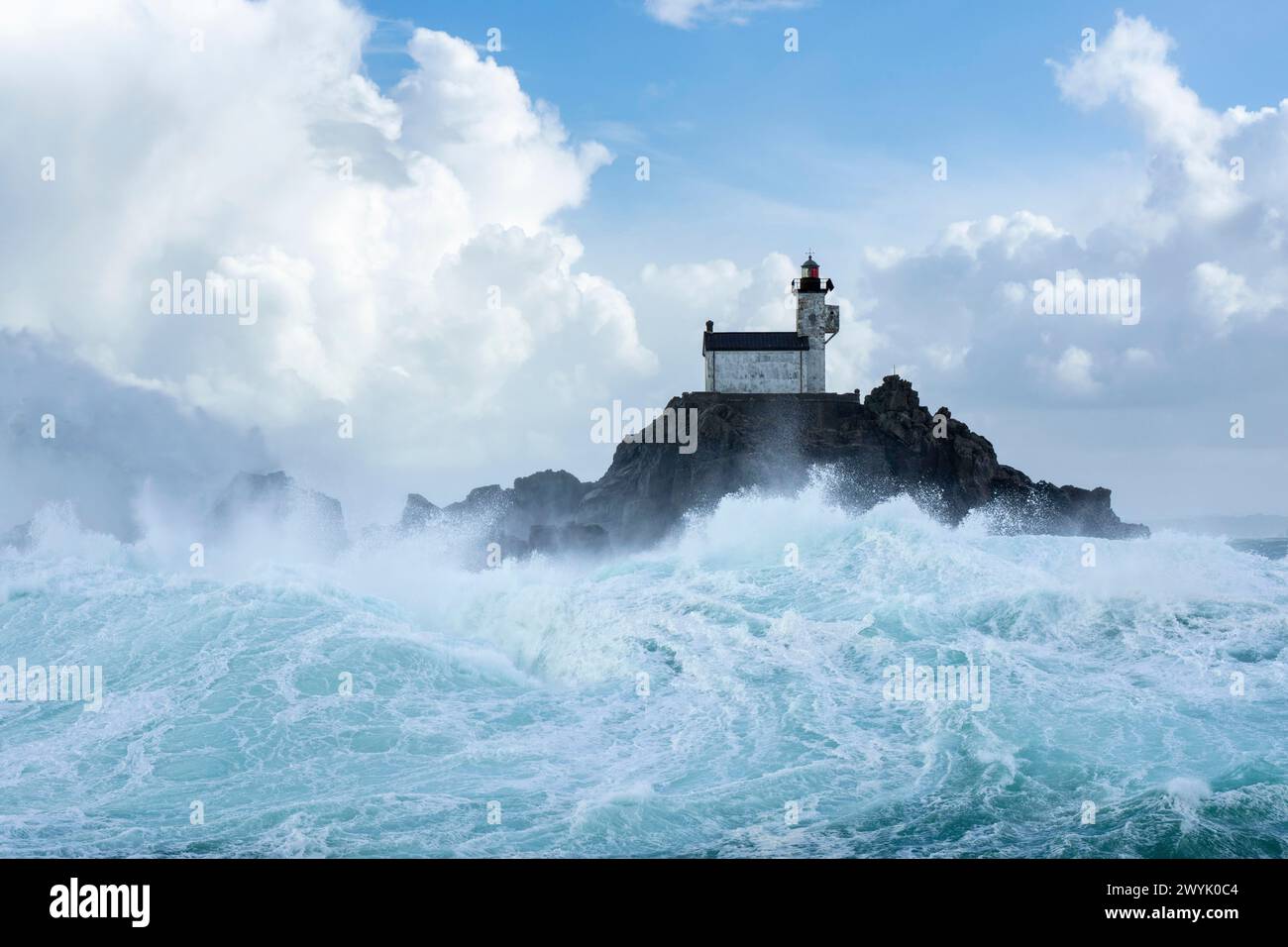 France, Finistère, aerial view of the haunted Tevennec lighthouse ...