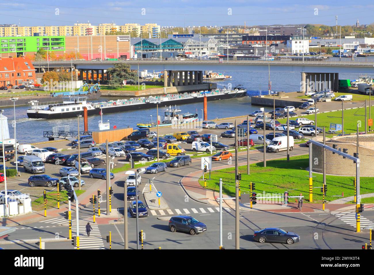 Belgium, Flanders, Antwerp, port, view from the Port Authority House on ...