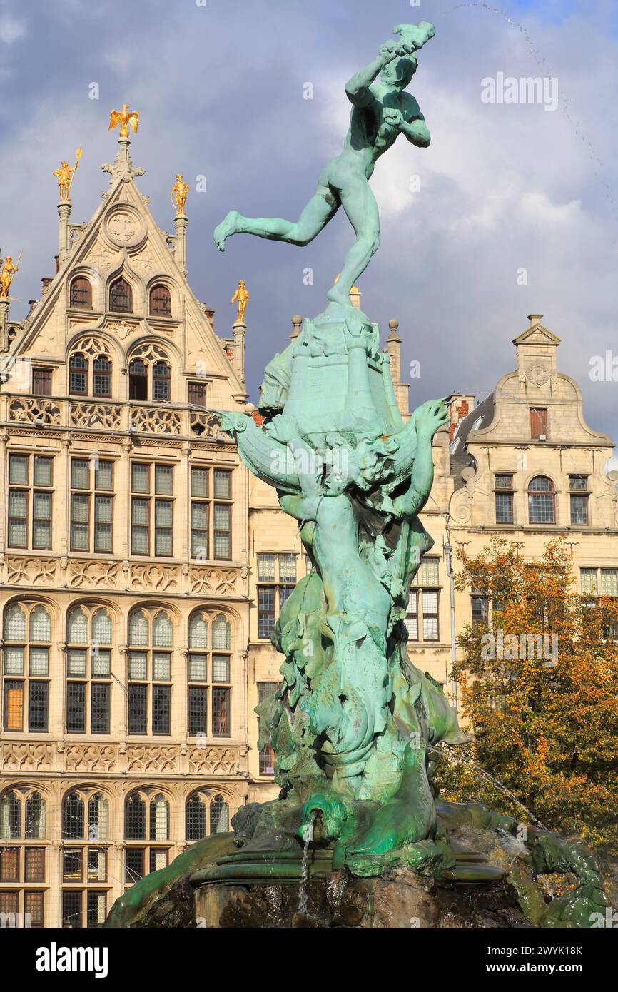 Belgium, Flanders, Antwerp, Grand Place (Grote Markt), statue of ...