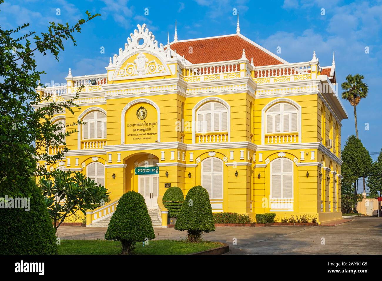 Cambodia, Kampot province, Kampot, the National Bank with its colonial ...