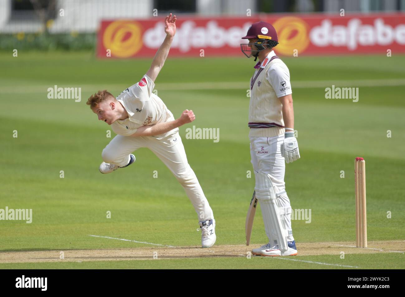 Canterbury, England. 7th Apr 2024. Joey Evison of Kent bowls during day ...