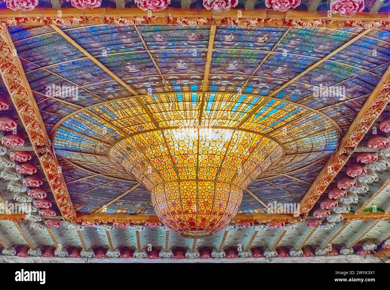 BARCELONA - AUGUST 8: Stained-glass skylight of Palau de la Musica ...