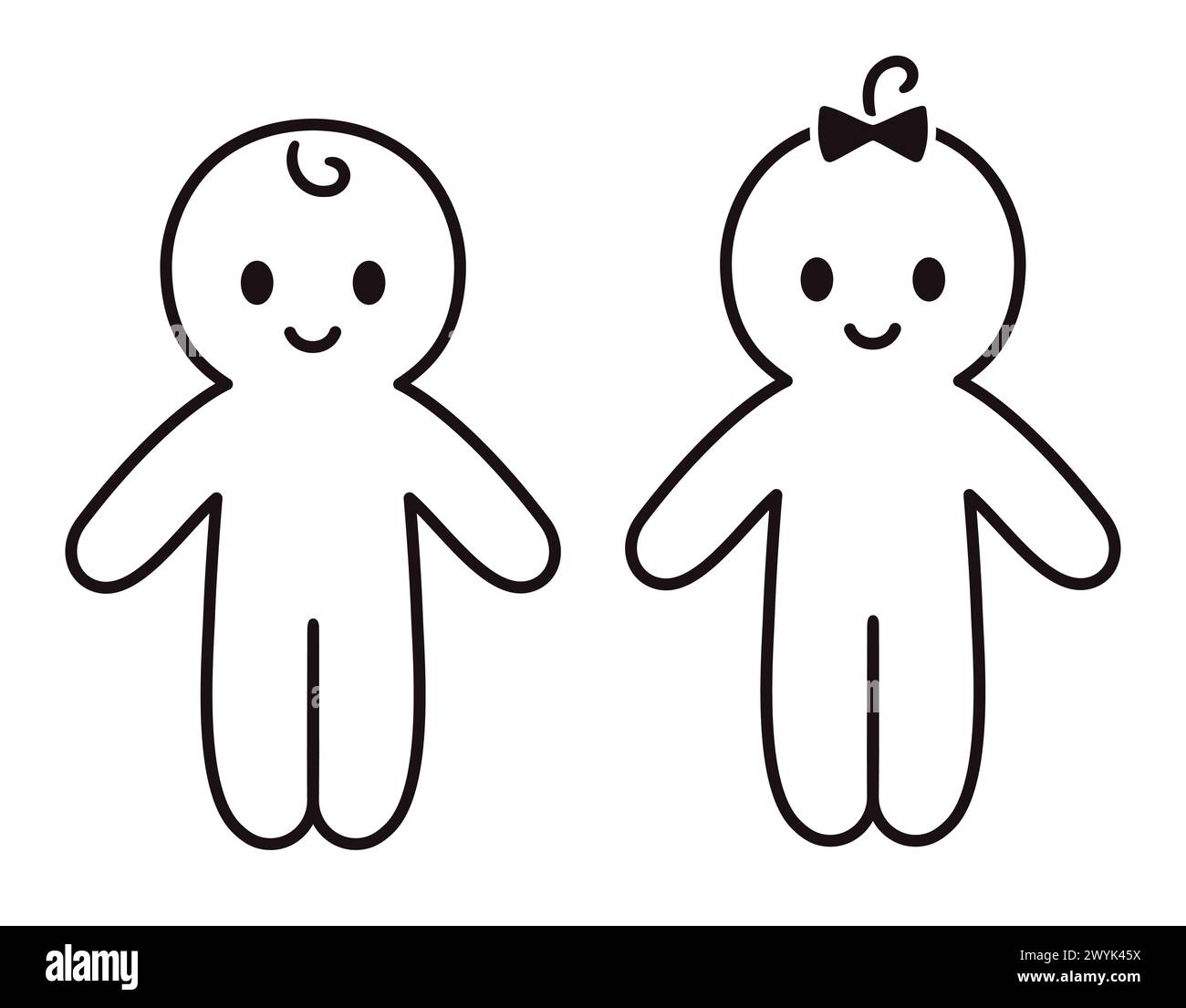 Cute and simple baby boy and girl line icon. Hand drawn full body ...