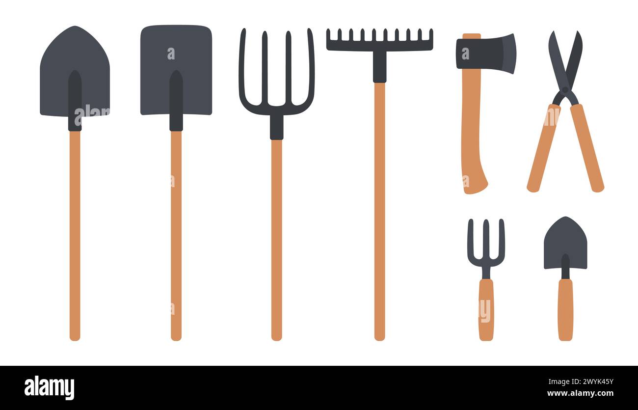 Gardening and farming equipment tools. Spade, shovel, rake, axe, etc ...