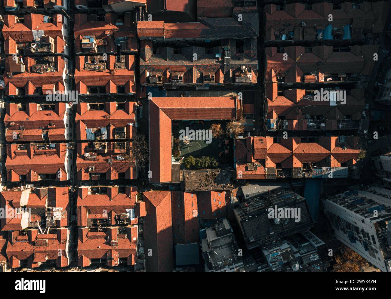 An aerial view of the old urban area of Wuhan, with densely packed ...