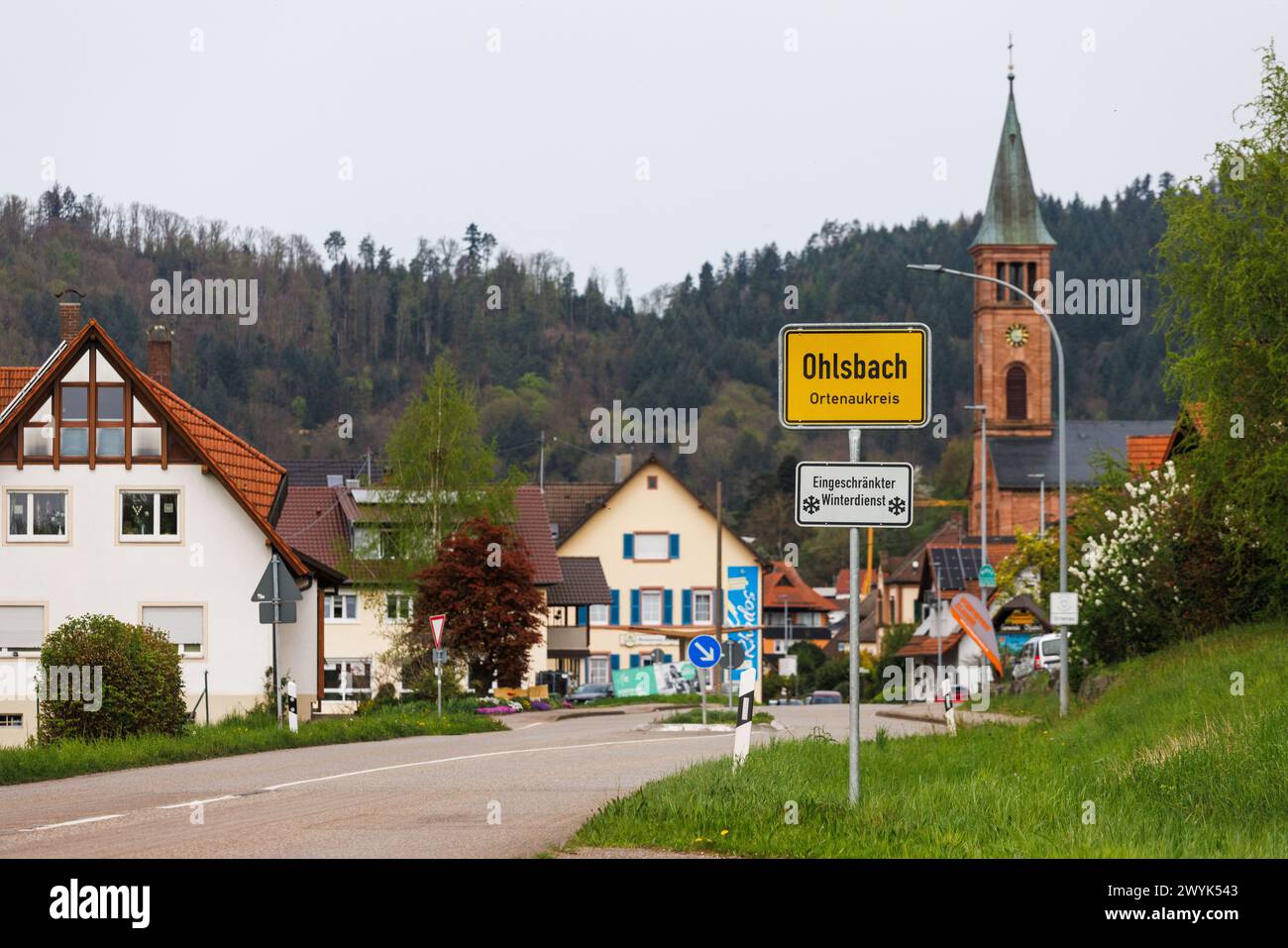 Freiburg, Germany. 07th Apr, 2024. The town sign of Ohlsbach stands at ...