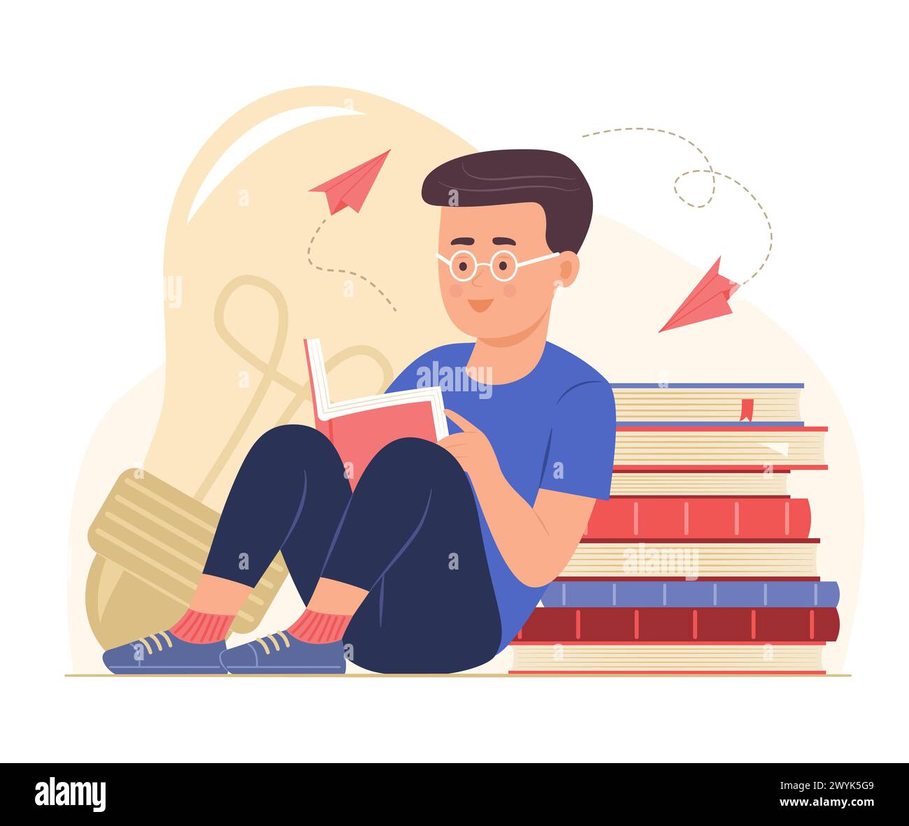 Cute Student Boy Sit Near Stack of Books and Reading a Book for ...