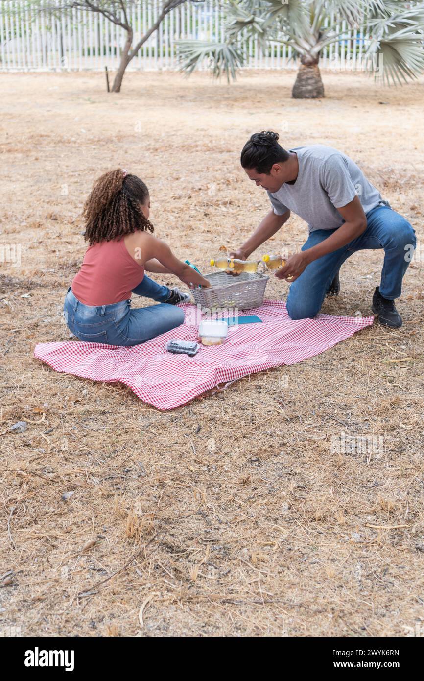 Couple unpacking a picnic basket together on a checkered blanket ...