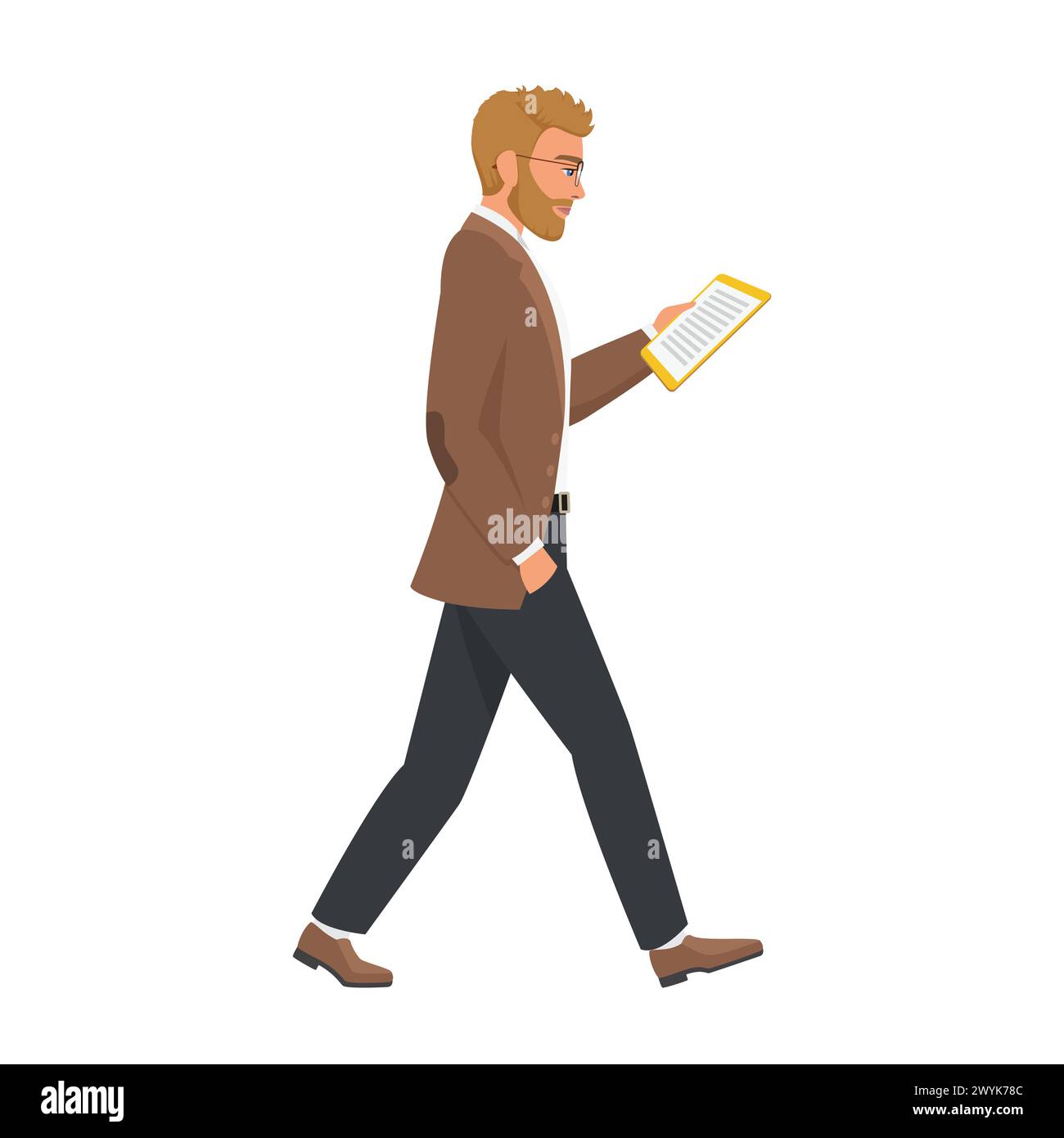 Man walking, busy male expert and office worker reading document, side ...