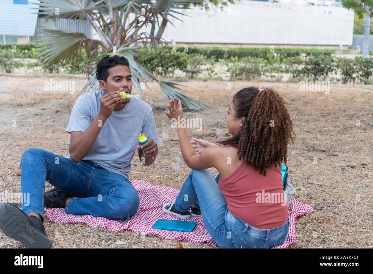 Couple blowing bubbles together on a picnic blanket, enjoying a fun ...