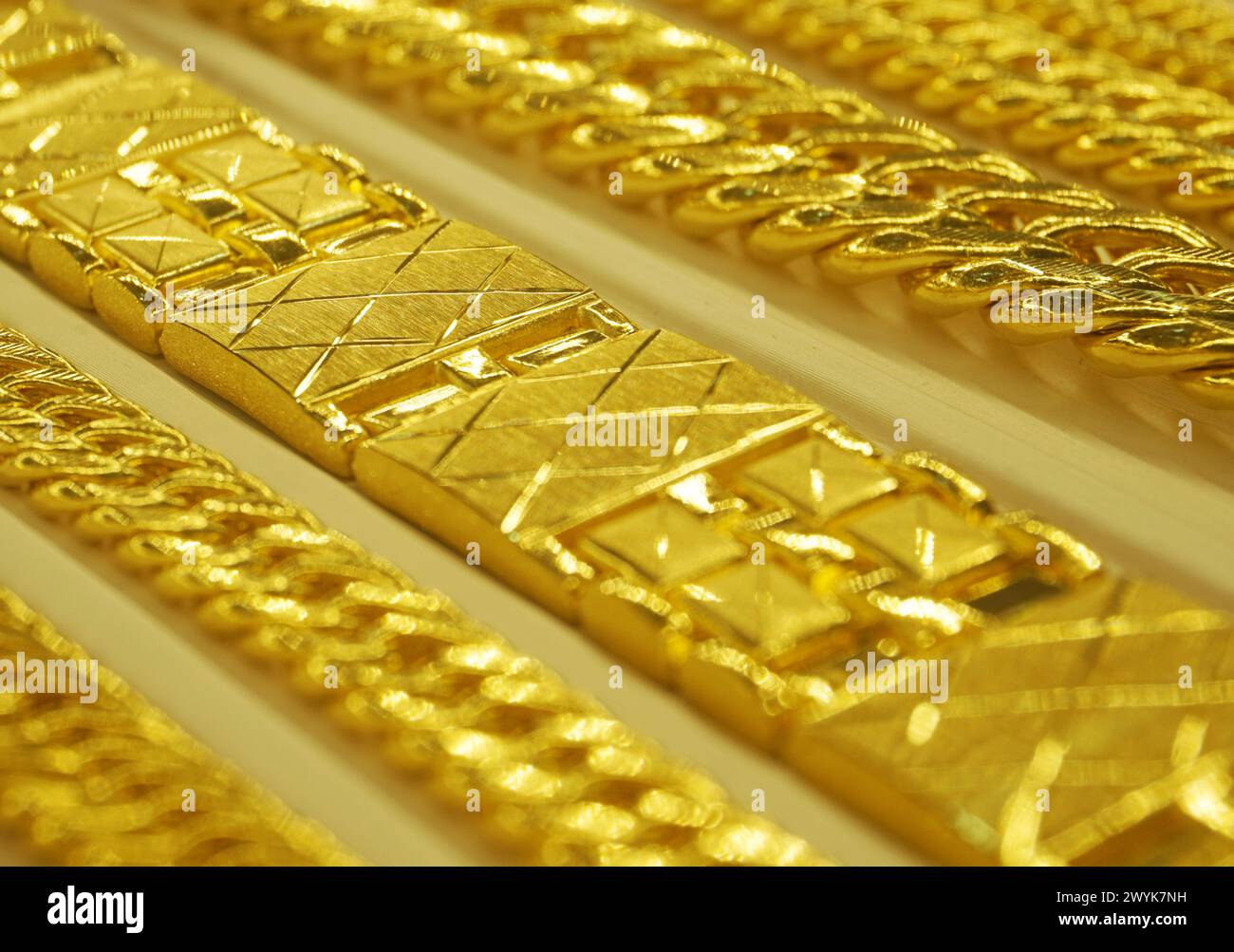 HANGZHOU, CHINA - APRIL 7, 2024 - Gold jewelry is seen at a gold shop ...