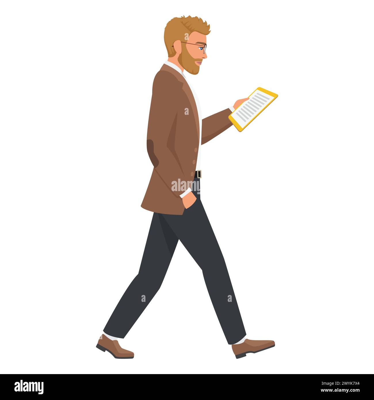 Teacher reading paper document, presentation on clipboard while walking ...
