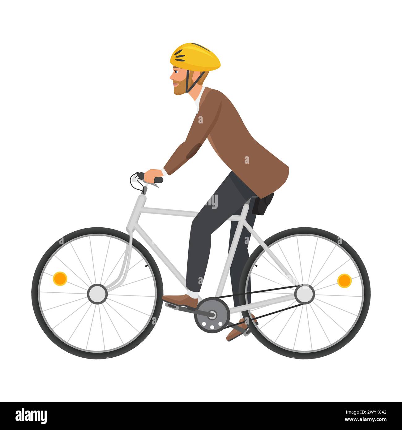 Side view of teacher wearing cyclists helmet riding bicycle to work ...
