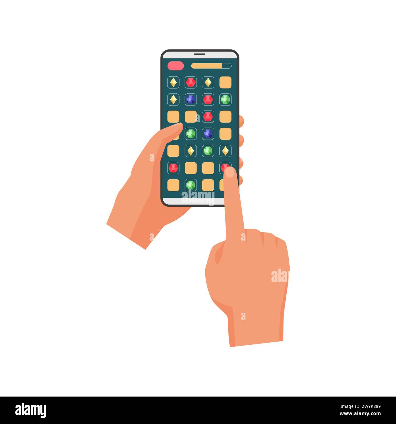 Hand hold smartphone with mobile apps on screen, touching icon with finger vector illustration ...