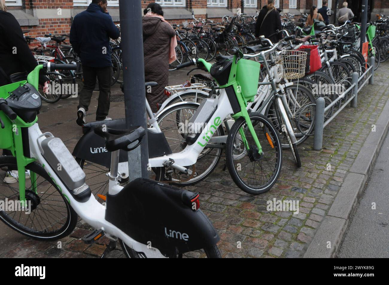Copenhagen/ Denmark/07 April 2024/ Lime electric bieks are park at bike ...