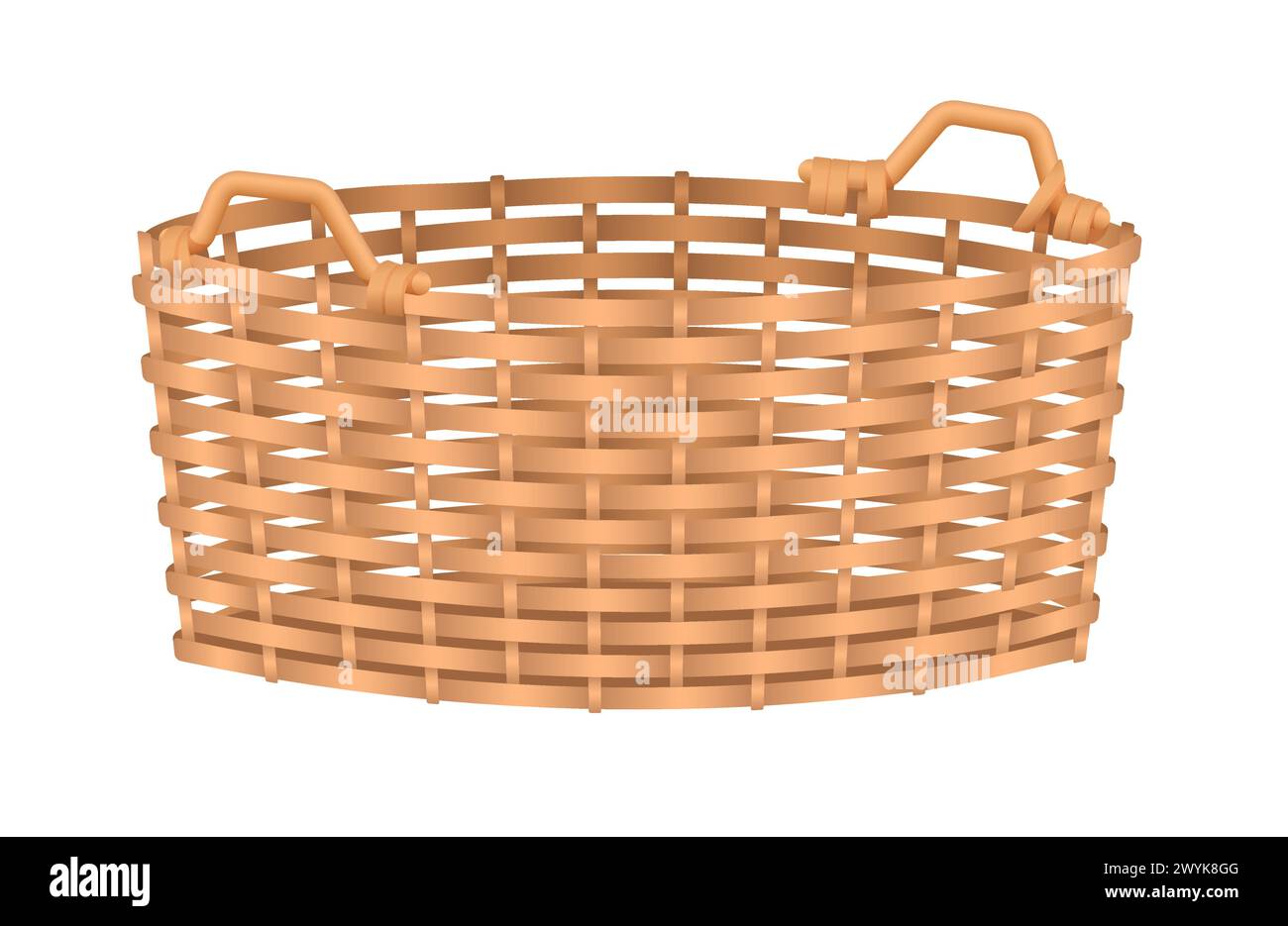 3D round empty wicker basket, container with two handles vector ...