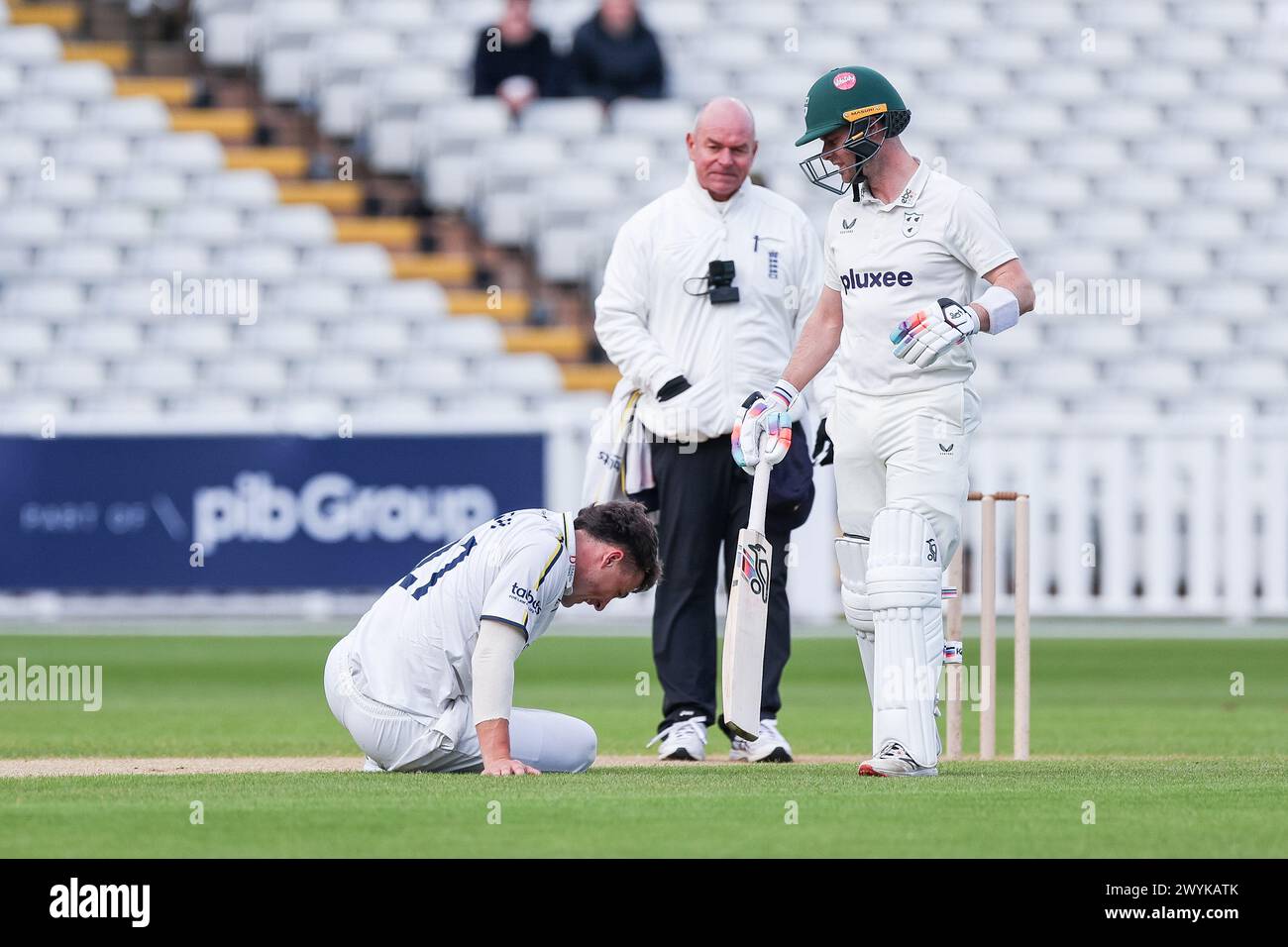 Birmingham, UK. 07th Apr, 2024. Warwickshire's Michael Booth down having been struck on the leg ...