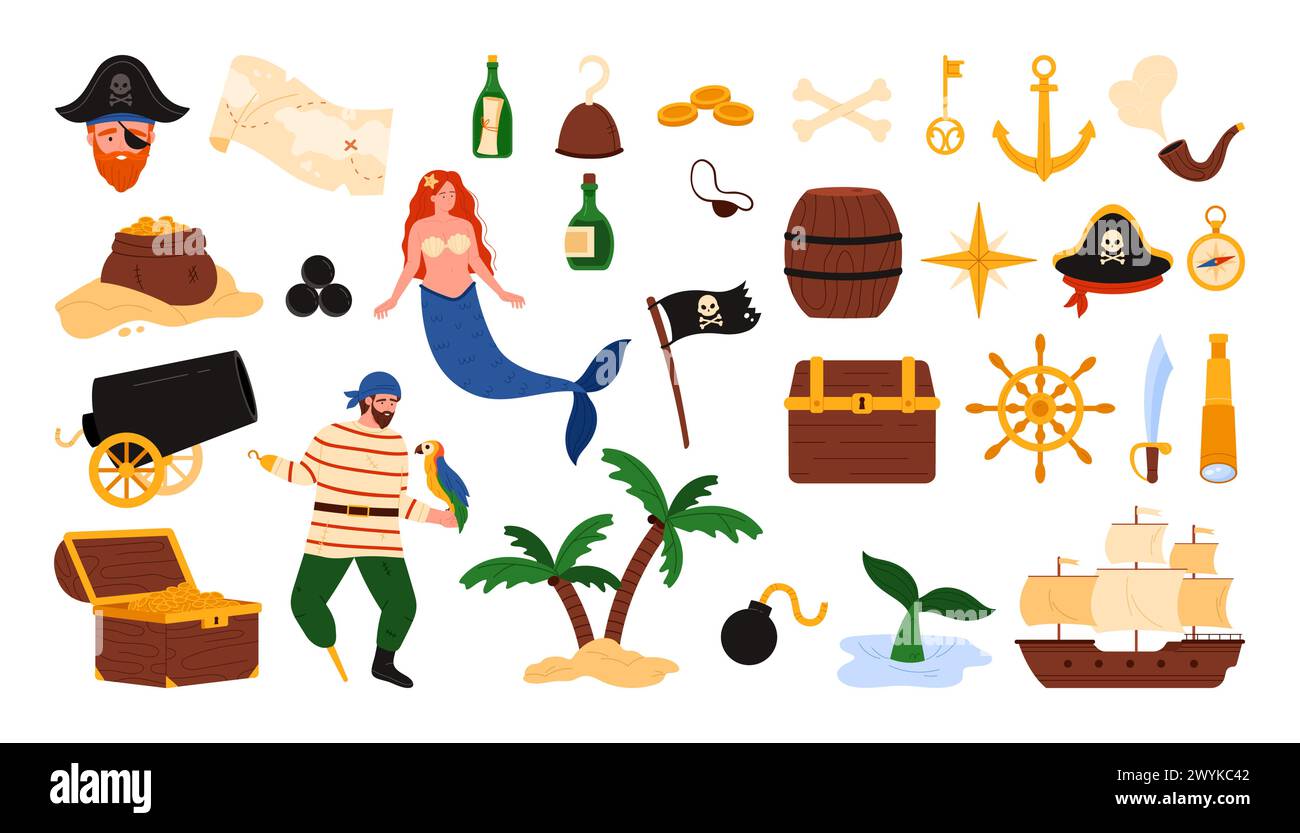 Cute pirate set. Sea adventure stickers collection of corsair captain with parrot and mermaid ...