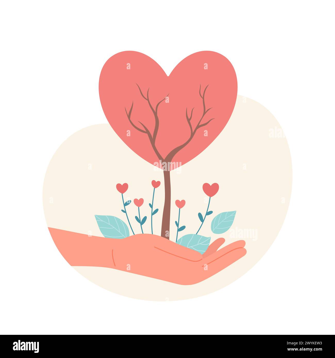Hand with heart shaped tree. Nature protection and care, eco friendly ...