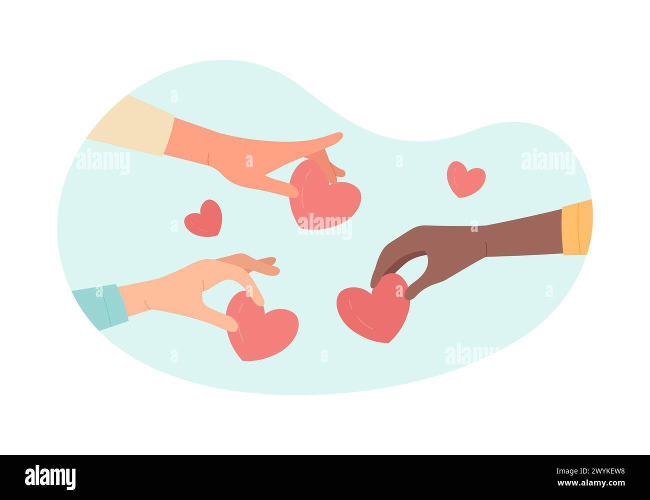Multicultural human hands with hearts. Sharing love and care, nation ...
