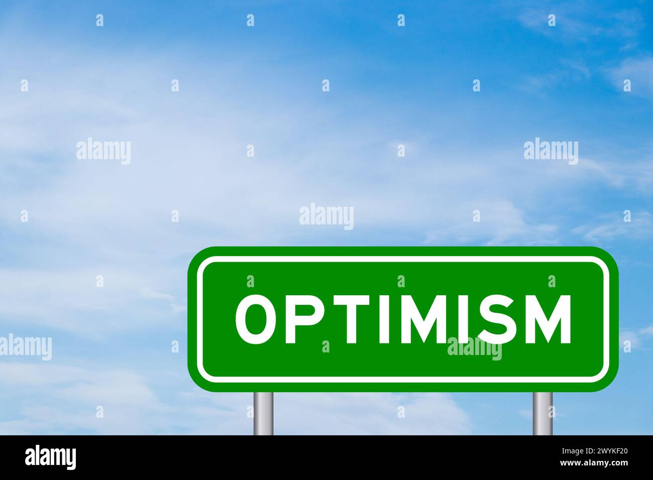 Green color transportation sign with word optimism on blue sky with ...