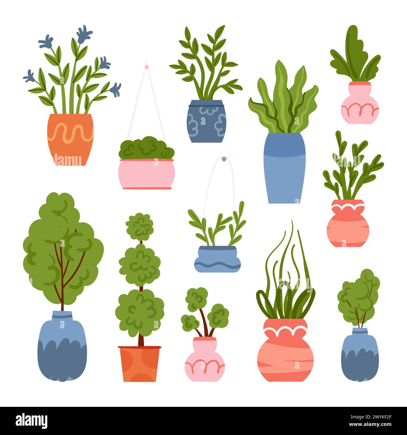 Set of different potted plants and trees. Decorative plants and flowers ...