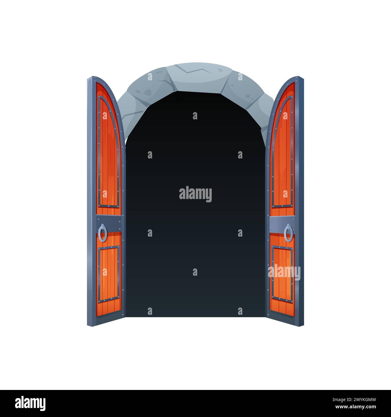 Open wooden gate to the castle. Medieval wooden gate, old city entrance ...