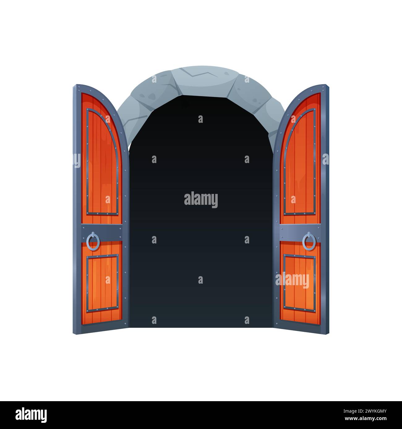 Open antique gate to the castle. Medieval wooden gate, old city ...