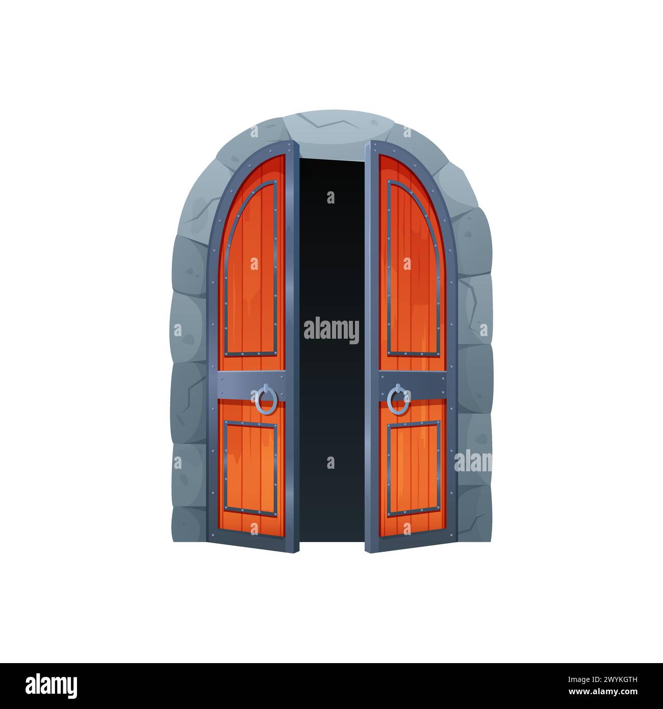 Unlocked gate to the castle. Medieval wooden gate, old city entrance ...