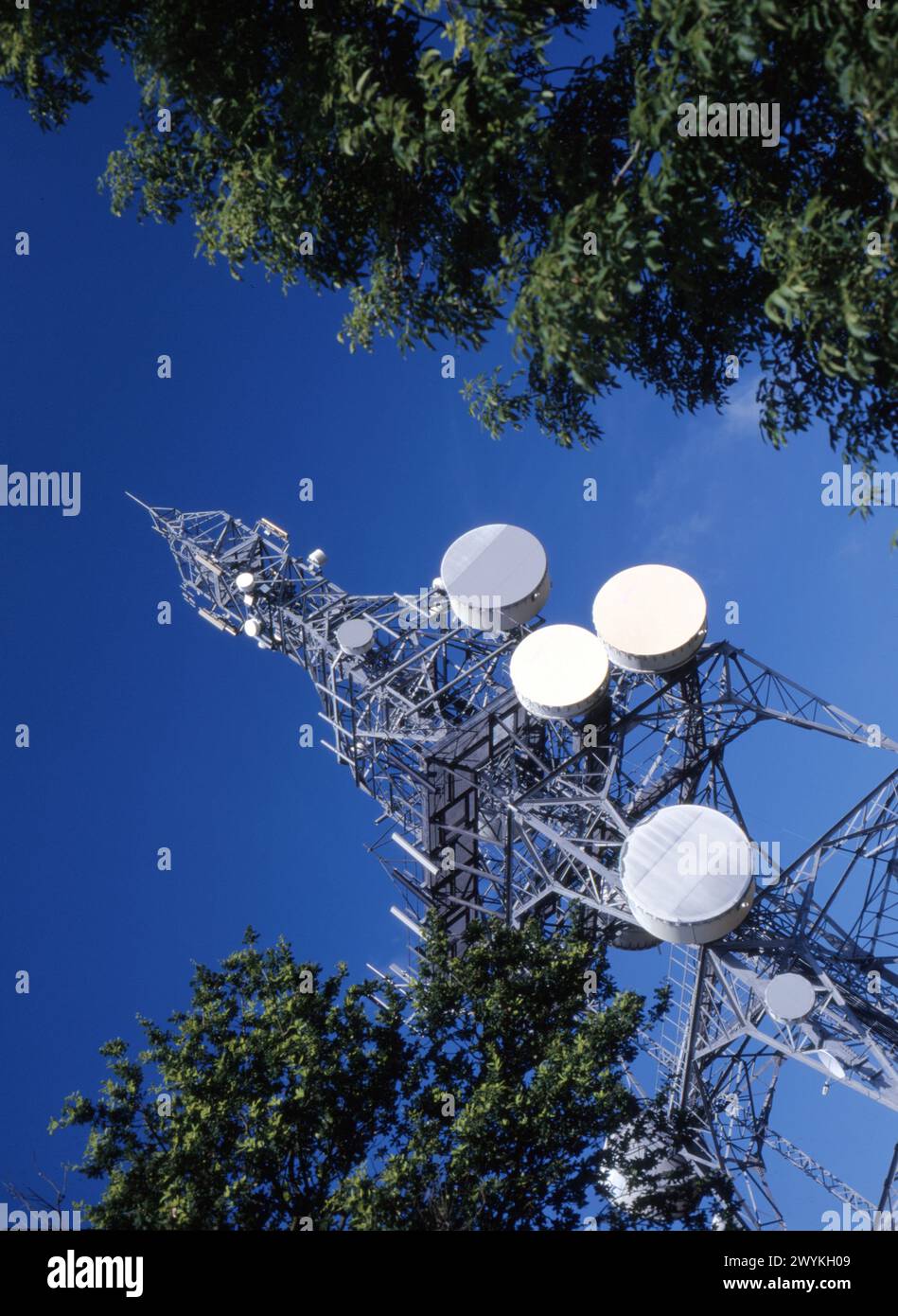 Roadside communications mast with telecoms installations against blue ...