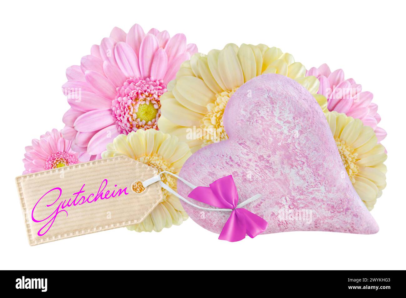 German Gift Voucher decoration with pink love heart and Gerbera flowers ...