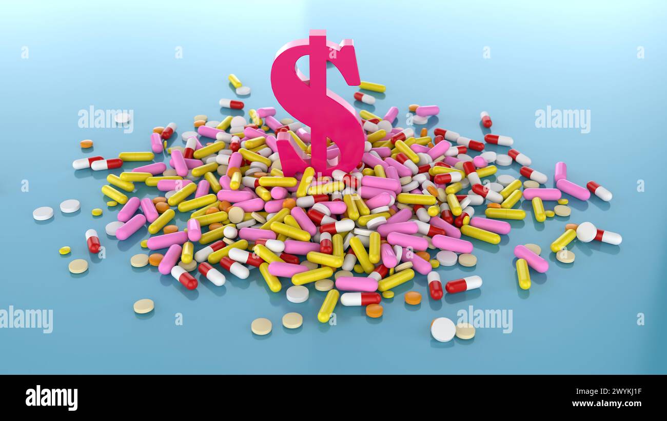 A money sign and assorted medical pills in conceptual format. showing ...