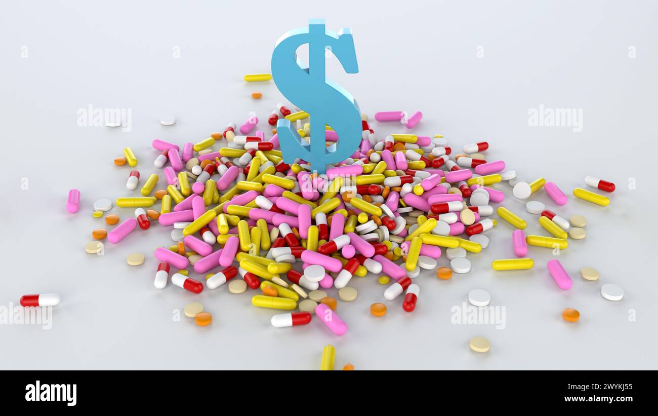 A money sign and assorted medical pills in conceptual format. showing ...