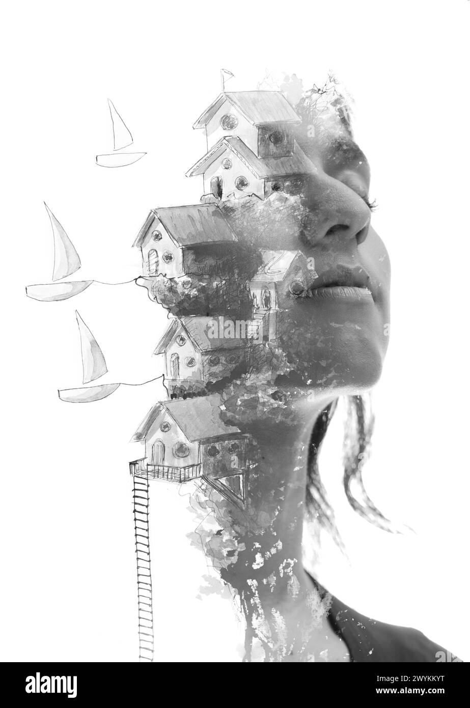 A creative paintography portrait of a woman disappearing into ...