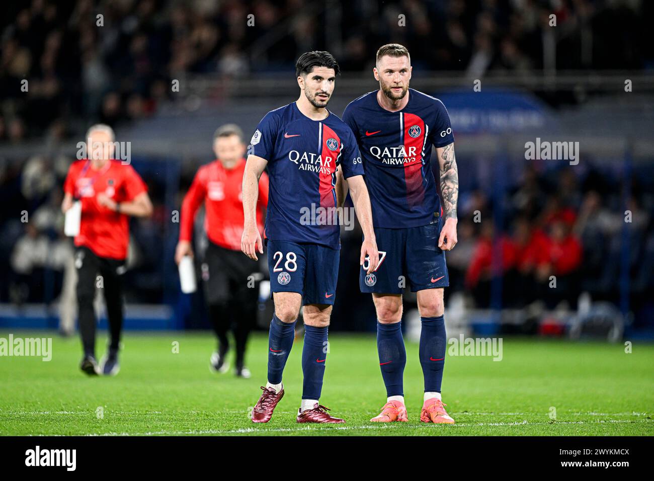 Paris, France. 06th Apr, 2024. Carlos Soler Barragan and Milan Skriniar during the Ligue 1 ...