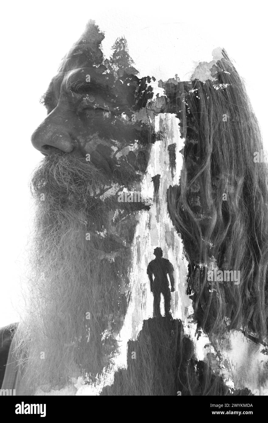 A conceptual half-profile paintography portrait of an old bearded man ...