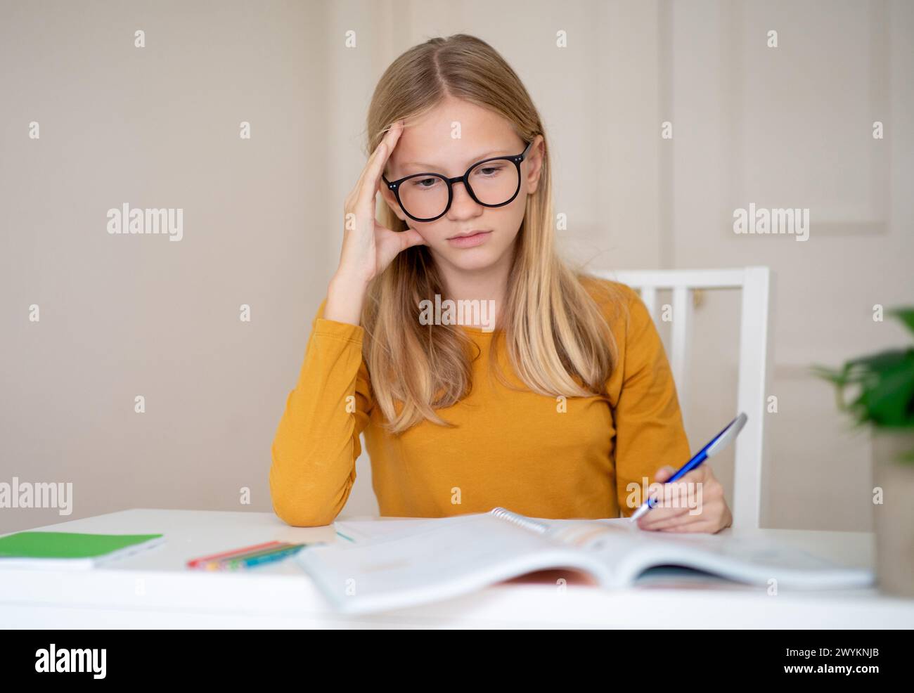 Teen Girl Studying at Home During Daytime, Making Homework Stock Photo ...