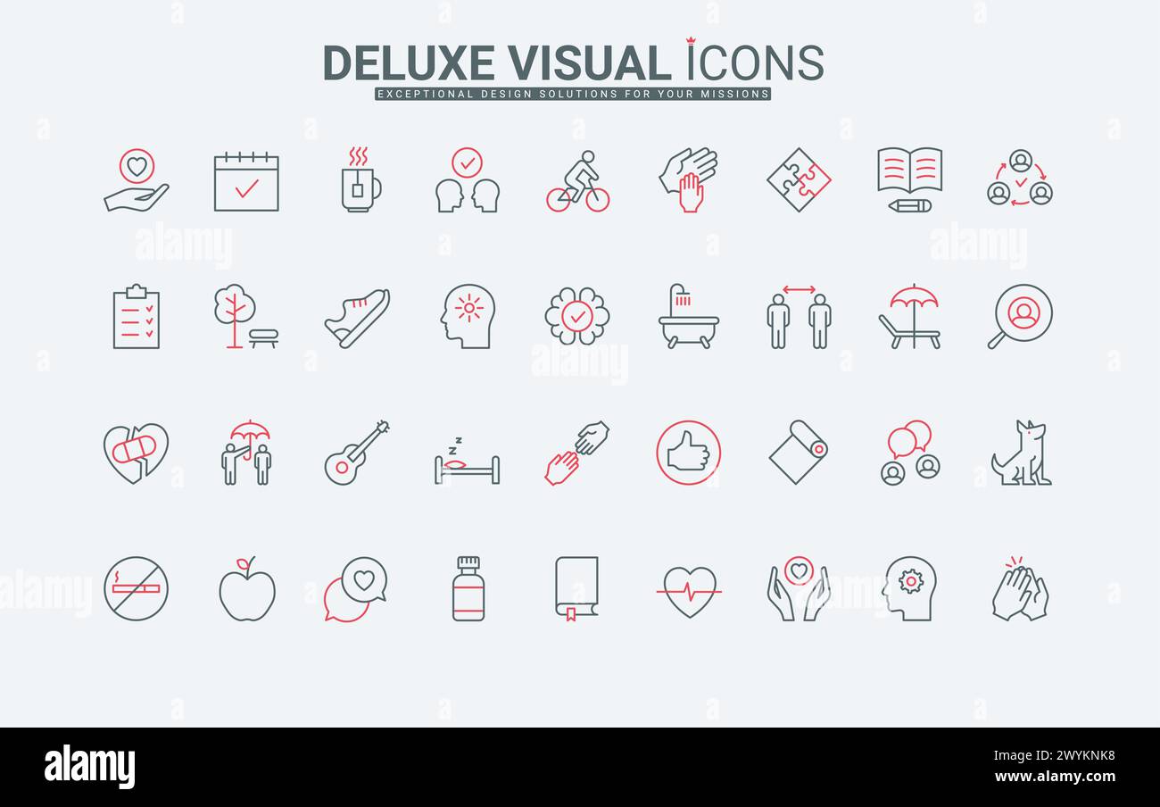 Relief and help with stress, care for mind and body line icons set ...