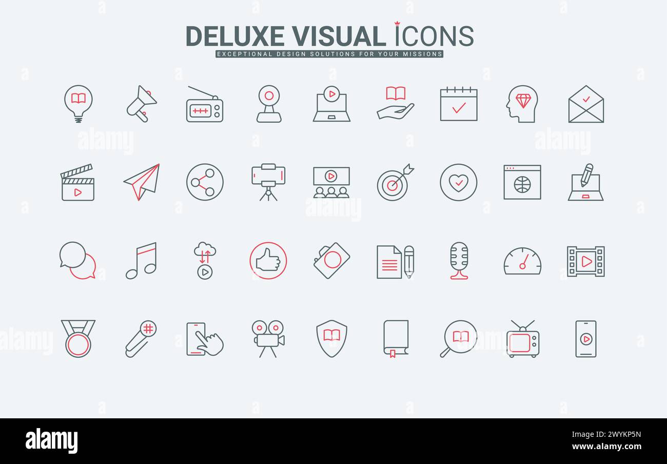 Digital content creation and development thin black and red line icons set vector illustration ...