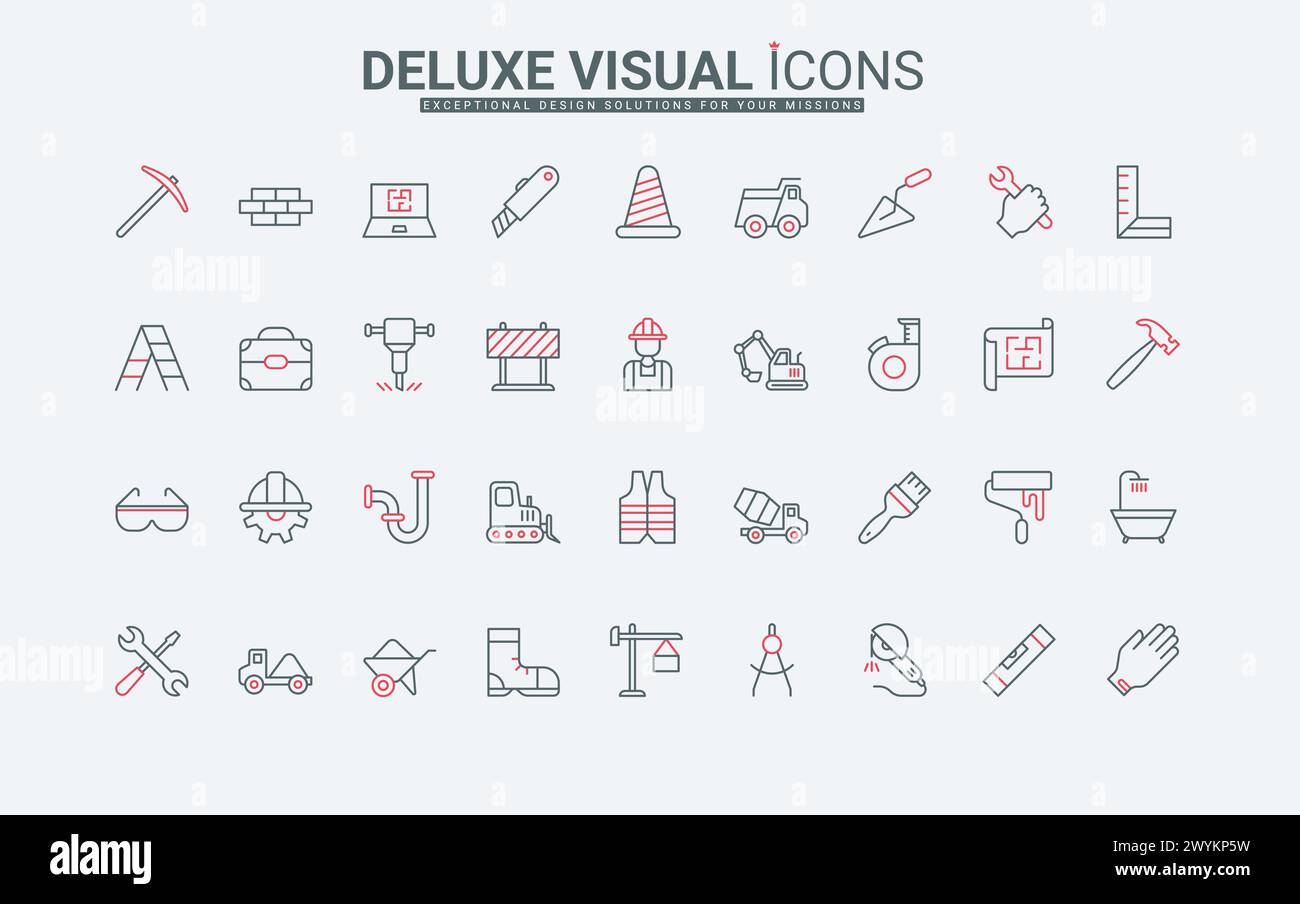 Construction site line icons set. Infrastructure, safety gears and ...