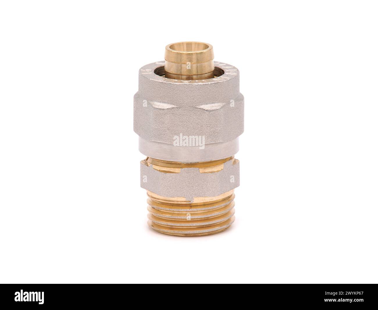 Fitting for PEX pipe isolated on white. Metal connector Stock Photo - Alamy