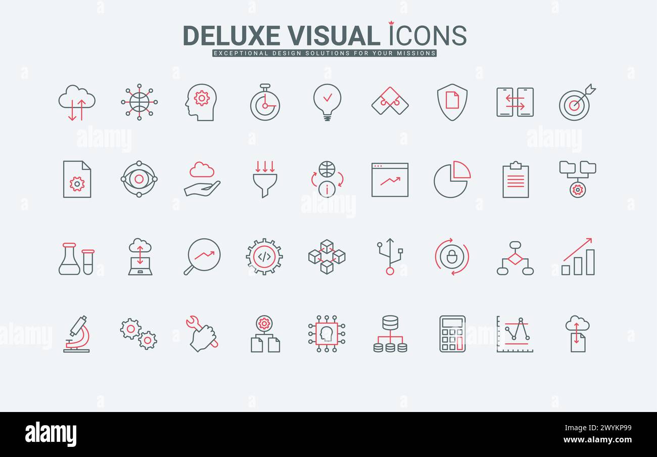 Data science thin black and red line icons set vector illustration ...