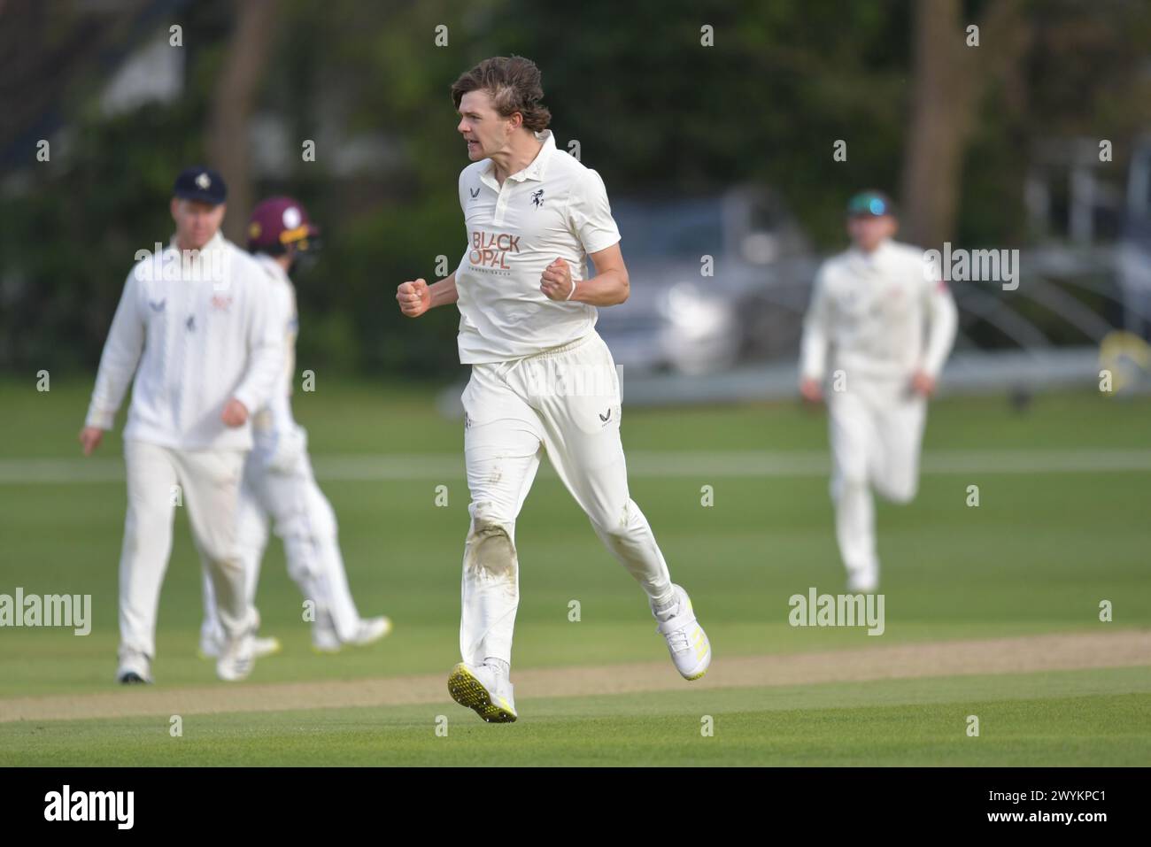 Canterbury, England. 7th Apr 2024. George Garrett celebrates after ...