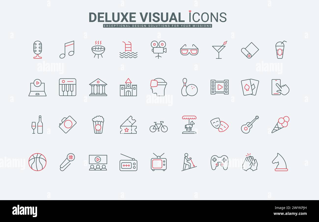 Entertainment event, leisure thin black and red line icons set vector ...