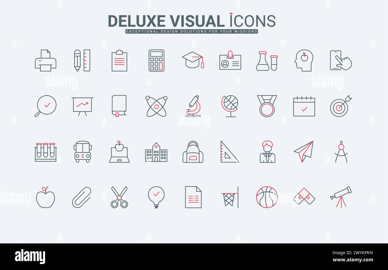 School, university or college education thin black and red line icons ...